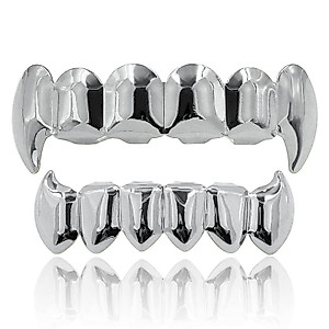 JINAO Silver Vampire Fangs Teeth Grillz Face 18K Gold Plated Top Bottom Grills for Your Teeth Set for Men and Women Hip Hop Jewelry (Silver grillz)