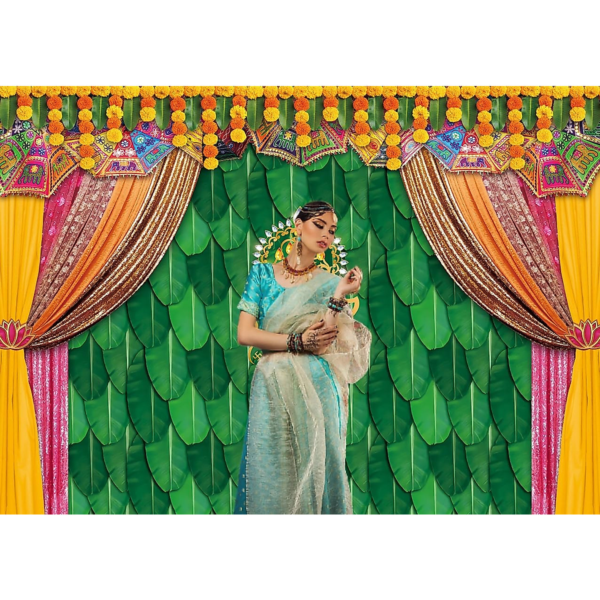 INRUI Indian Pooja Photography Background Green Banana Leaf Curtain Decorations Indian Bridal Shower Wedding Party Photo Backdrop (7x5FT)