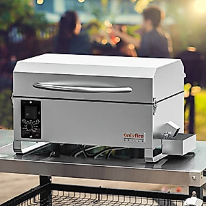 Onlyfire GS680 Portable Wood Pellet Grill and Smoker, 8 in 1 Tabletop Stainless Steel BBQ Grill Stove for RV Camping Tailgating Cooking with Auto Temperature Control, LED Screen, Meat Probe & 2 Tiers Cooking Area, Silver