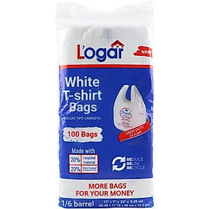 Logar white T-shirt bag 12 + 7 x 23 inches. 5 Packages of 100 bags each. Total: 500 bags
