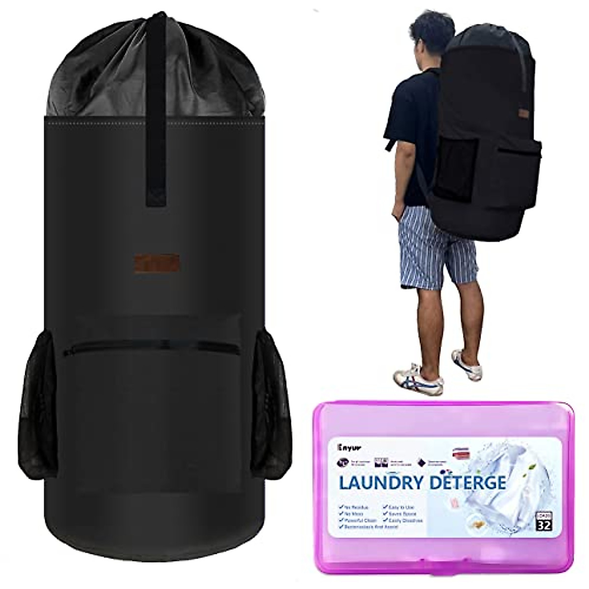 Enyur Laundry Bag Backpack with Adjustable Shoulder Straps College Laundry Bags Extra Large Travel Laundry bag Heavy Duty Dirty Cloths Laundry Backpack Bag Black/120L