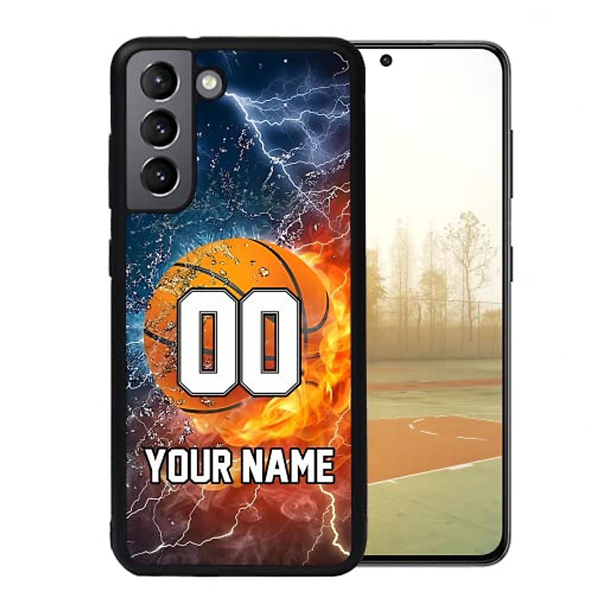 Personalized Basketball vs Name Number US Flag Decor Rubber Cover Phone Case for Samsung Galaxy S23 S22 S21 S20 ULTRA PLUS/ S21 FE /S20 FE/ S10 PLUS/ S9 PLUS/ S8 PLUS /S7 EDGE (Water Fire)