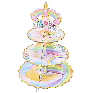 Unicorn Cupcake Stand - Unicorn Birthday Party Decorations for Girls Kids 3-Tier Cardboard Cupcake Stand Dessert Tower Holder Round Serving Tray Stand Unicorn Horn Theme Baby Shower Party Supplies