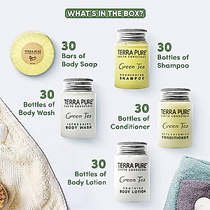 Terra Pure Hotel Soaps and Toiletries Bulk Set | 1-Shoppe All-In-Kit Amenities for Hotels | 1oz Hotel Shampoo & Conditioner, Body Wash, Body Lotion & 1.25oz Bar Soap Travel Size | 150 Pieces