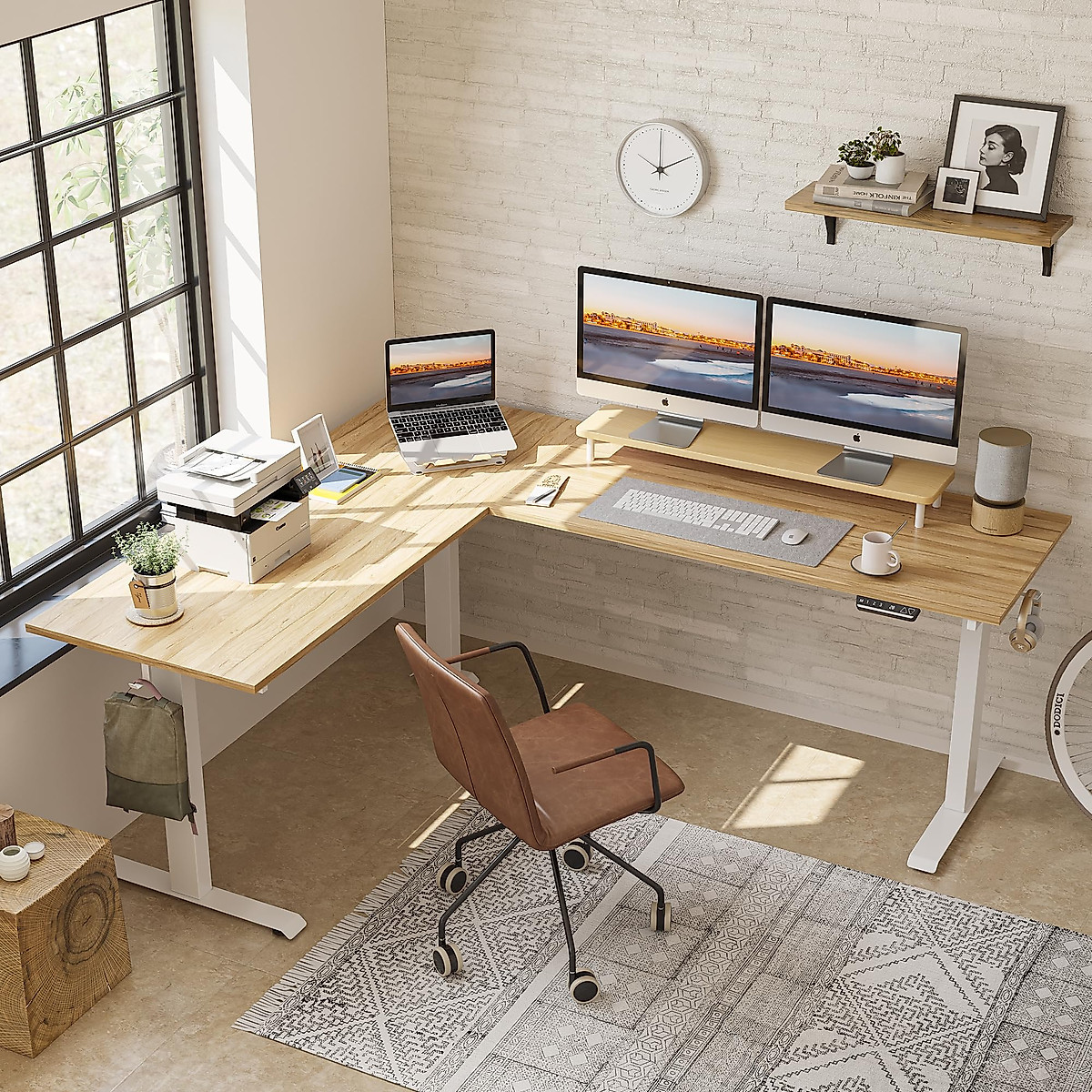 FEZIBO 75 Inches Triple Motor L Shaped Standing Desk Reversible, Electric Height Adjustable Corner Stand up Desk, Sit Stand Desk Computer Workstation, White Frame/Natural Top