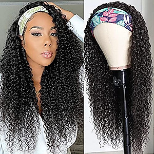 HeadBand Wig Curly Human Hair Wig None Lace Front Wigs for Black Women Deep Wave Machine Made Wigs Natural Color 150% Density 14inch