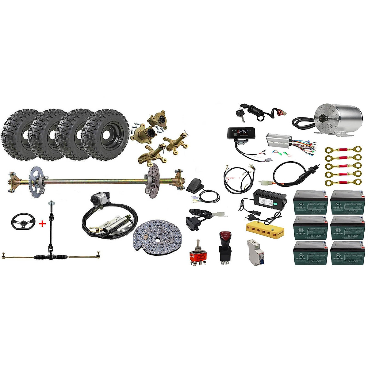 YC Yier 29" Go Kart Rear Axle Kit +Front End Steering Shaft Assembly+ Brake + 4.10-6" Wheels Tires +60V 2500W Brushless Electric Motor Kit + Battery for Go Kart ATV Quad Buggy Drift Trike 4 Wheeler