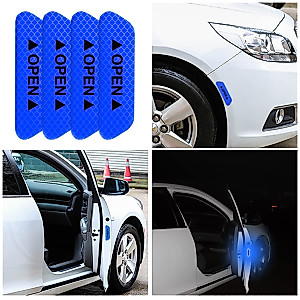 4PCS Car Door Open Warning Reflective Stickers, Night Visibility Auto Safety Prompt Decals, 3.6 x 0.9 Inch Anti-Collision Protective Strip, Car Accessories Universal for Truck, SUV, Van (Blue)