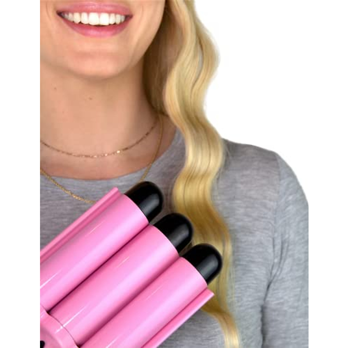 Trademark Beauty Babe Waves Jumbo -Three Barrel Hair Waver, Curling Iron, 1.25 Inch, Quick Heat, Adjustable Temperature Hair Curler - Pink
