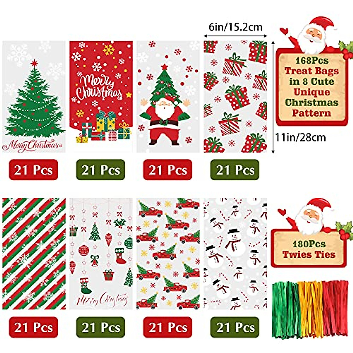 SUPERLELE Christmas Cellophane Bags 168 PCS with 180 PCS Twist Ties 8 Assorted Styles as Gift Box Santa Snowman Pattern Snack Bags for Treat Candy Goodie Christmas Party Supplies