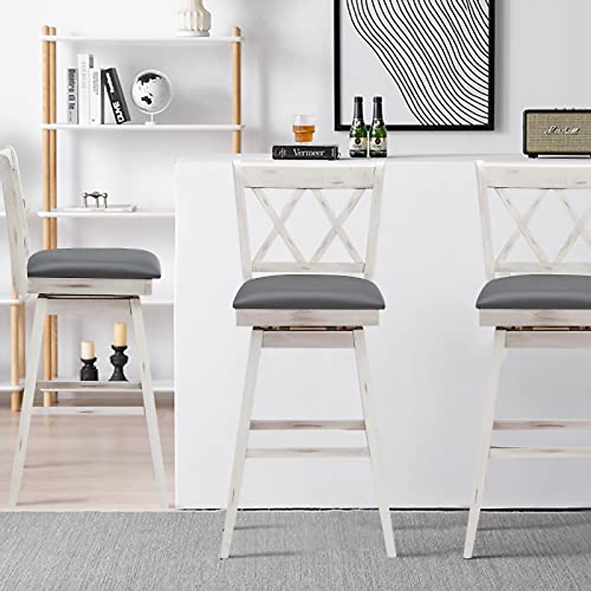 COSTWAY Bar Stool Set of 4, 360 ° Swivel Bar Height 29.5 inch Bar Stool with Foot Rest Upholstered Cushion & Ergonomic Backrest, Sturdy Frame, for Pub, Restaurant, Home (4, Antique White + Grey)