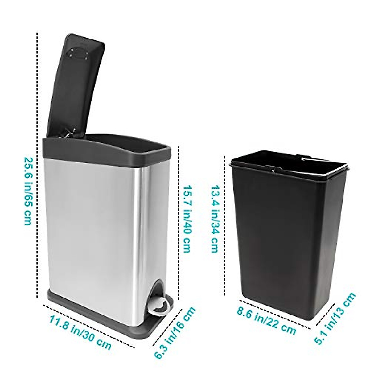 CTETC Slim Small Trash Can with Lid Soft Close and Removable Inner Wastebasket, Rectangular Narrow Stainless Steel Trash Can for Bathroom Bedroom Office, Anti-Fingerprint Brushed Finish, 2.1Gal/8L