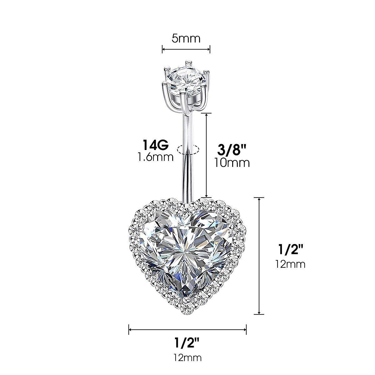 Arardo 925 Sterling Silver 14G Belly Button Rings Clear CZ Navel Rings Body Piercing Jewelry Luxurious Heart AB0086