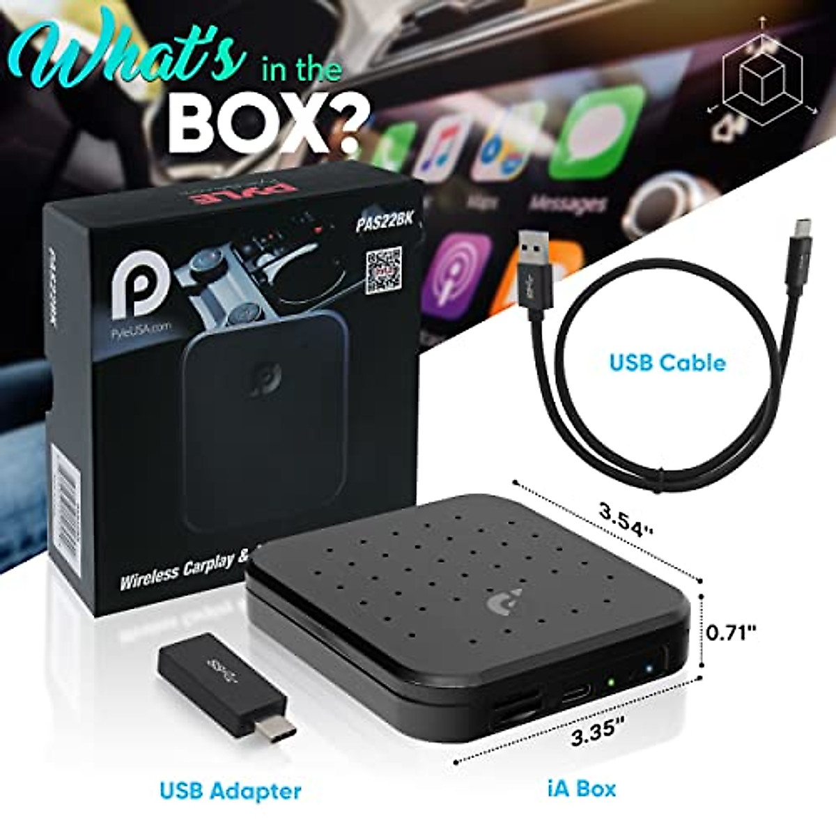 Pyle Wireless Carplay iA Box, 4GB RAM 64GB ROM, 2.4GHz, 5GHz Dual Band WiFi BT Octa Core 64Bits D, 4K Full HD, H.265, USB3.0 Android Box, Screen Mirroring, Install Android Apps - PAS22BK