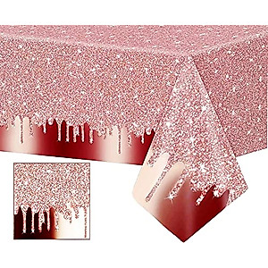 Pink Rose Gold Tablecloths 108x54 Inch Rose Golden Birthday Party Decoration Rose Gold Sequin Printed Plastic Table Cover for Diamond Girls Wedding Valentine's Anniversary Engagement Party Decor(1Pcs)