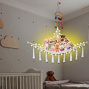 POTWIY Stuffed Animal Net or Hammock with Macrame Boho Teddy Bear Toy Hammock, Toy Storage, Net for Stuffed Animals Hanging Storage Holder Wall Net, Nursery Play Bedroom Kids Room Decor