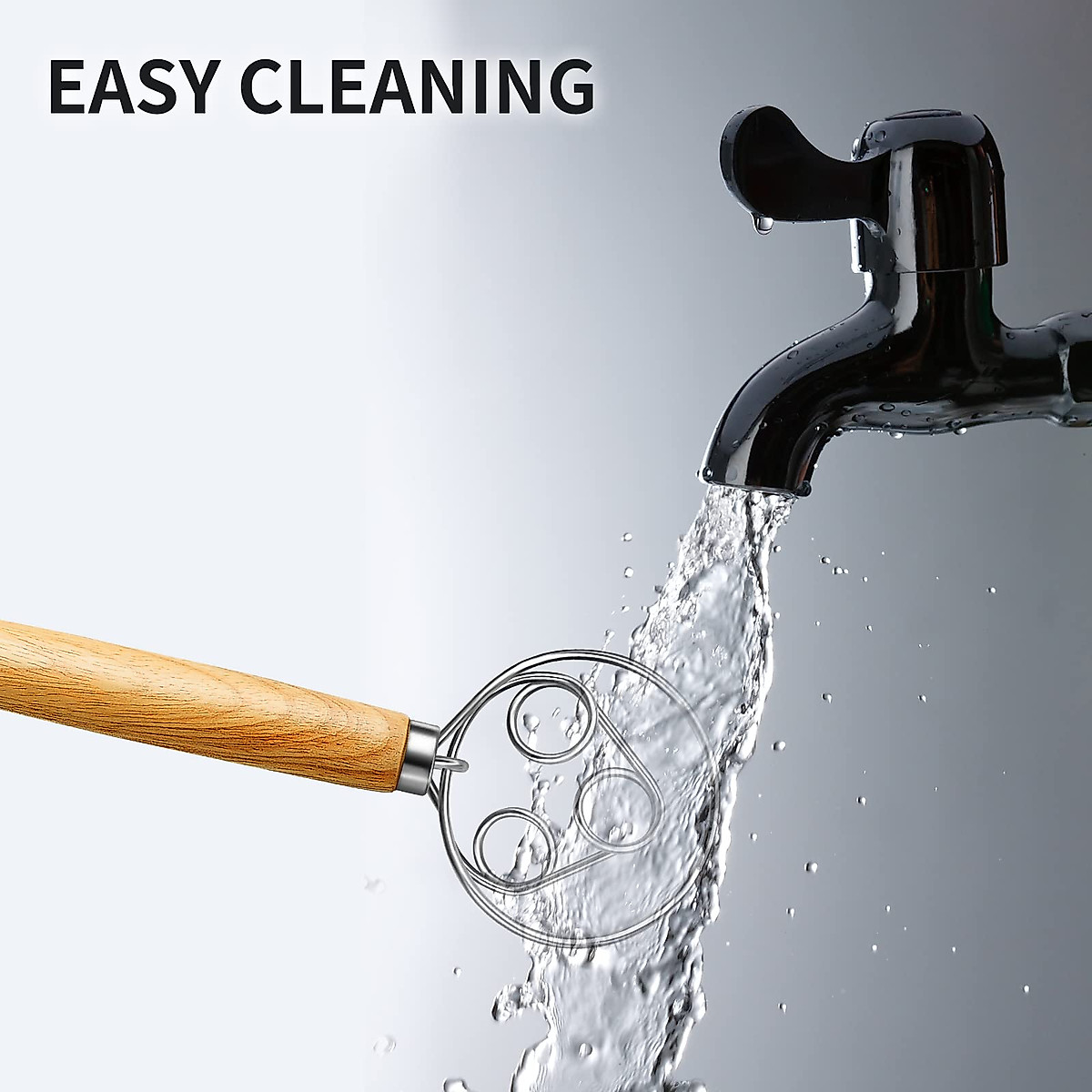 TEEVEA Danish Dough Whisk Stainless Steel Hook Dutch Style Bread Dough Hand Mixer Wooden Handle for Sourdough Making Baking Whisking Tools and Supplies