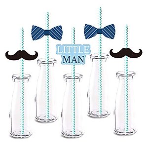 Little Man Straw Decor, 24-Pack Blue Boy Bow Tie Moustache Baby Shower Party Supply Decorations, Paper Decorative Straws