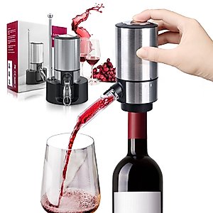 Wine Gifts-Wine Aerator Pourer-Rocyis Electric Wine Dispenser, One Touch Smart Wine Decanter w/Storage Base & Retractable Tube (Battery Operated)