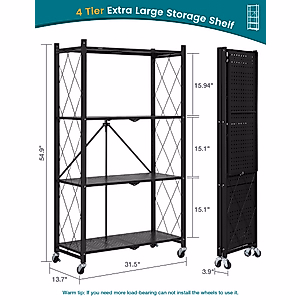 ALANNG Storage Shelves with Wheels, Bookshelf with Storage, No Assembly Metal Rack Shelf for Kitchen, Office, Laundry, Garage (4 Tier, Black)