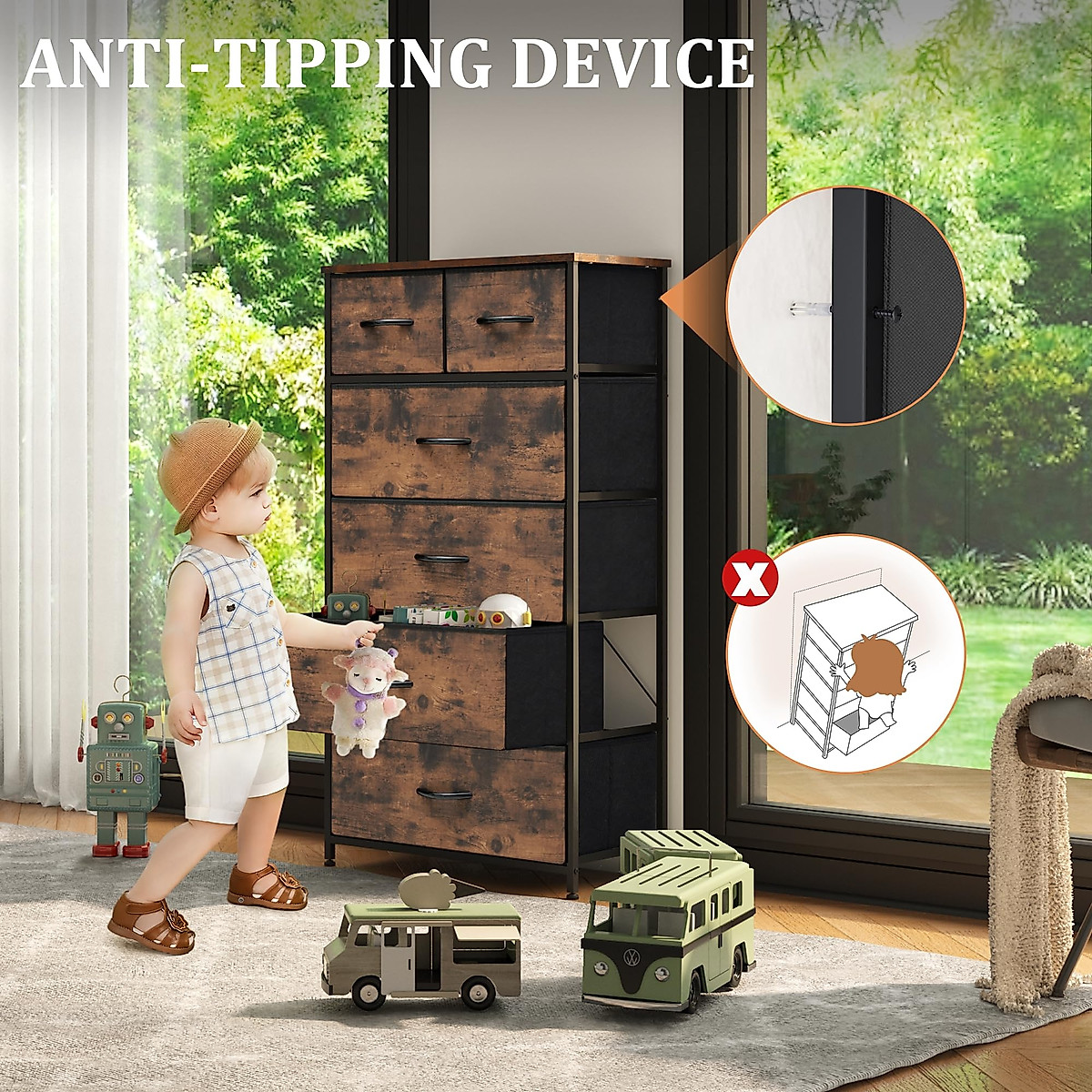 VredHom Fabric Dresser for Bedroom, Tall Skinny Dresser with 6 Drawers, Storage Organizer Tower, Steel Frame Wooden Top for Closet, Living Room, Hallway(Rustic Brown)