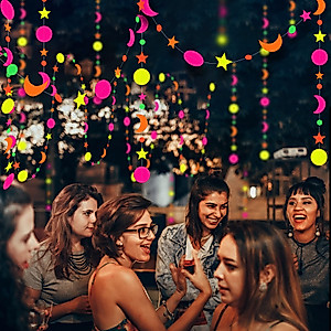 90ft Neon Fluorescent Party Hanging Decoration Glow in The Dark Party Supplies Garlands Stars Moon Dot Garland for Birthday Wedding Neon Party Background Decoration Supplies