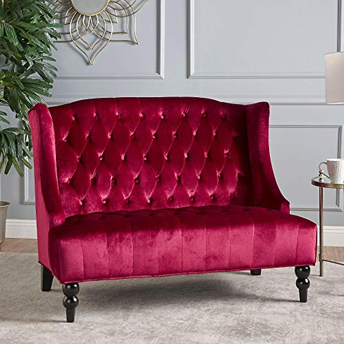 Contemporary Home Living 50.25" Wine Red and Brown Traditional Button Tufted Winged Loveseat