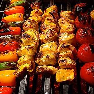 GOUTIME Kabob Skewers 23 Inch Long,1 Inch Wid Stainless Steel Grilling BBQ Skewer with Wood Handle for Making Koubideh Persian Brazilian Chicken Shrimp Kebab,Set of 7 with Bag