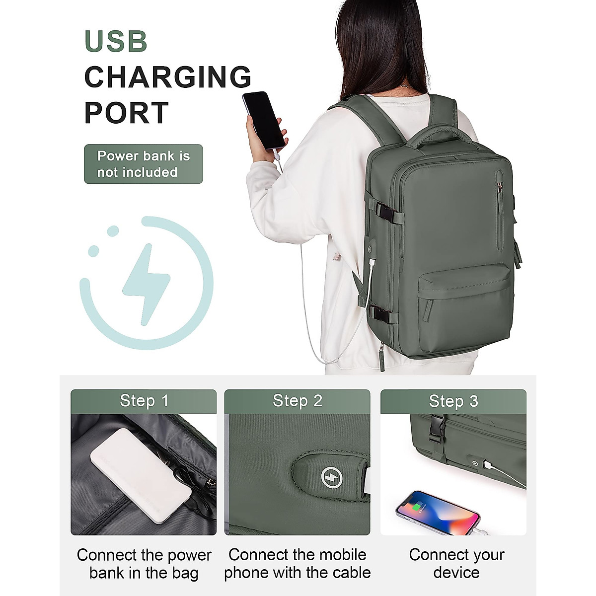 VECAVE Carry On Backpack for Women,Large Travel Backpack Flight Approved,Waterproof 17 Inch Laptop Backpack Business Work Backpacks Men Mochila De Viaje DarkGreen