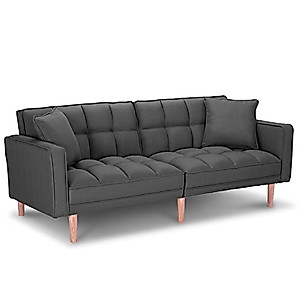 SoarFlash Modern Upholstered Convertible Futon Sofa Bed, Mid-Century Fabric Multi-Function Loveseat Sofa Twith 3 Adjustable Backrests and 5 Solid Wooden Legs (Deep Grey)