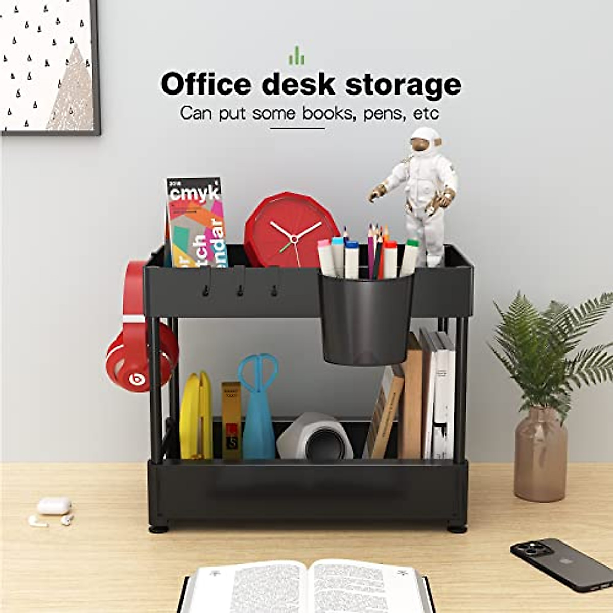 Under Sink Organizers and Storage 2 Pack, ZOMILB Bathroom Organizer 2-Tier Sliding Kitchen Cabinet Organization with Hook, Hanging Cup, Multi-purpose Under Sink Shelf Organizer for Home Storage, Black