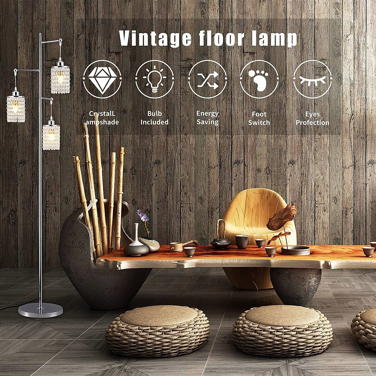beaysyty Art Decor Crystal Floor Lamp 3-Light Contemporary Crystal Lampshade for Living Room,Bedroom,Office,LED Bulb Included,Chrome Finish