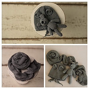 Newborn Photography Props with Baby Wrap - Long Ripple Stretch Wrap with Crochet Beanie Hat and Knitted Teddy Bear - Complete 3 Piece Outfit Set to Swaddle Infant for Boys or Girls Photoshoot Session