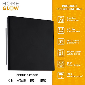 HOMEGLOW Edge LED Wall Light, Outdoor or Indoor Use. Black Modern Wall Sconce. Waterproof IP65. Warm White 3000k. AC 12W Hardwired. Durable Aluminum.