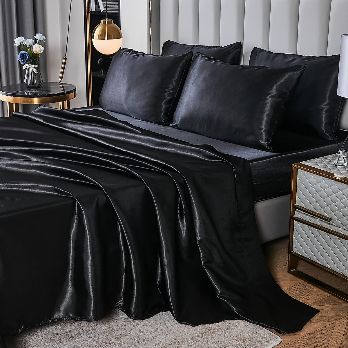 Black Silky Comforter Set Satin Queen Bed in a Bag 8 Pieces Luxury Hotel Silky Bedding with 1 Comforter, 1 Flat Sheet, 1 Fitted Sheet, 4 Pillowcases, 1 Cushion Cover (Queen, Black)