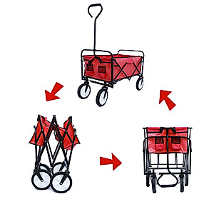 Folding Wagon, Garden Cart Heavy Duty Collapsible Folding All Terrain Utility Beach Garden Shopping, Utility Cart Collapsible (Red)