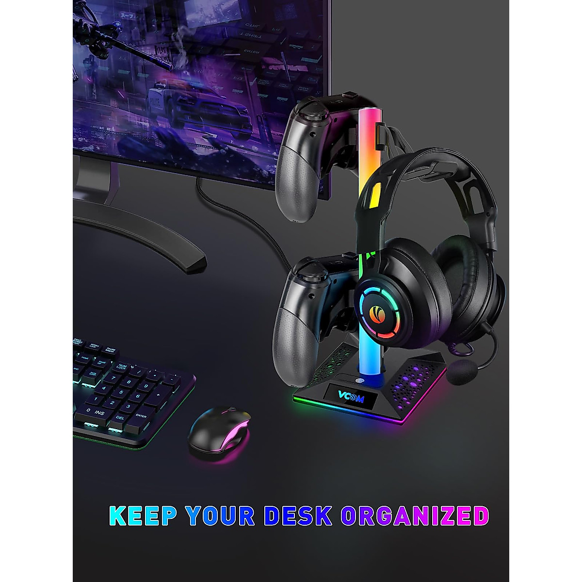 V VCOM RGB Gaming Headphones Stand with 2 USB Ports Headset Stand with 10 Light Modes and Non-Slip Rubber, Suitable for All Earphone Accessories, Best Gift for Husband, Kids, Boyfriend