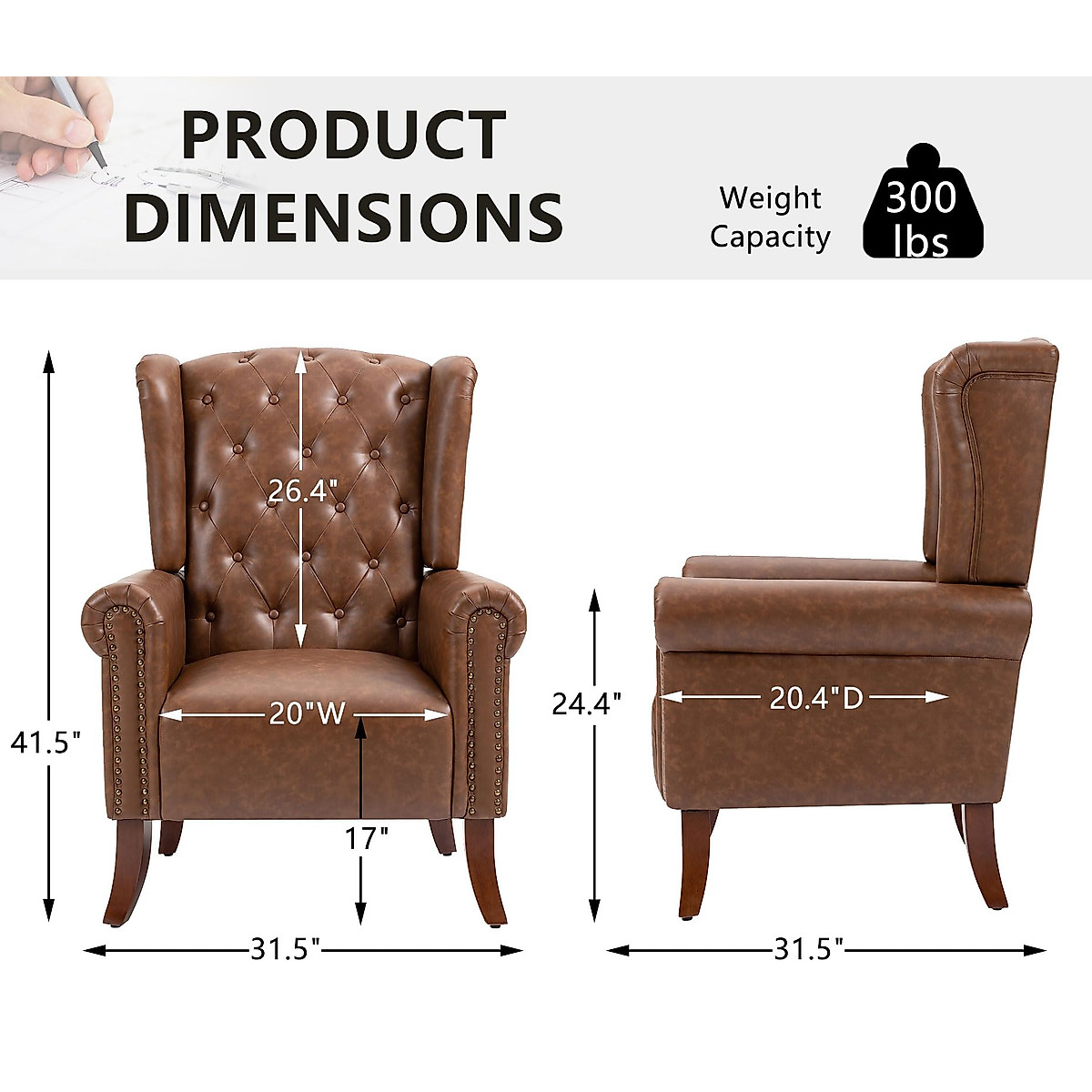 MOJAY Mid-Century PU Leather Accent Chair, Living Room Lounge Sofa Chair with Buttons, Single Club Armchair with Rivet Trim for Bedroom Home Reception (Brown)