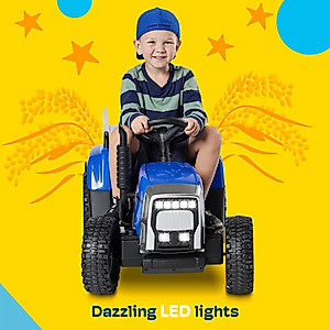 Kidzone 12V 7AH Premium Version with EVA Treaded Tires Dual 35W Motors Boost Power Torque Remote Control Powered Electric Tractor with Trailer Toddler Ride On Toy 3-Gear-Shift, 7-LED Lights, MP3
