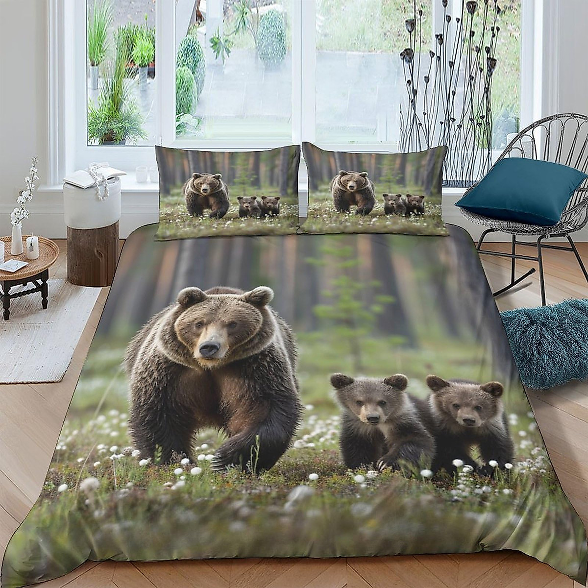 Brown Bear And Two Cubs Comforter Covers 3D Printed Walking in The Taiga Duvet Cover Quilt Cover for Boys Girls with Zipper Closure Soft Microfiber Bedding Set with Pillow Cases 3 Pieces Twin（173x218c