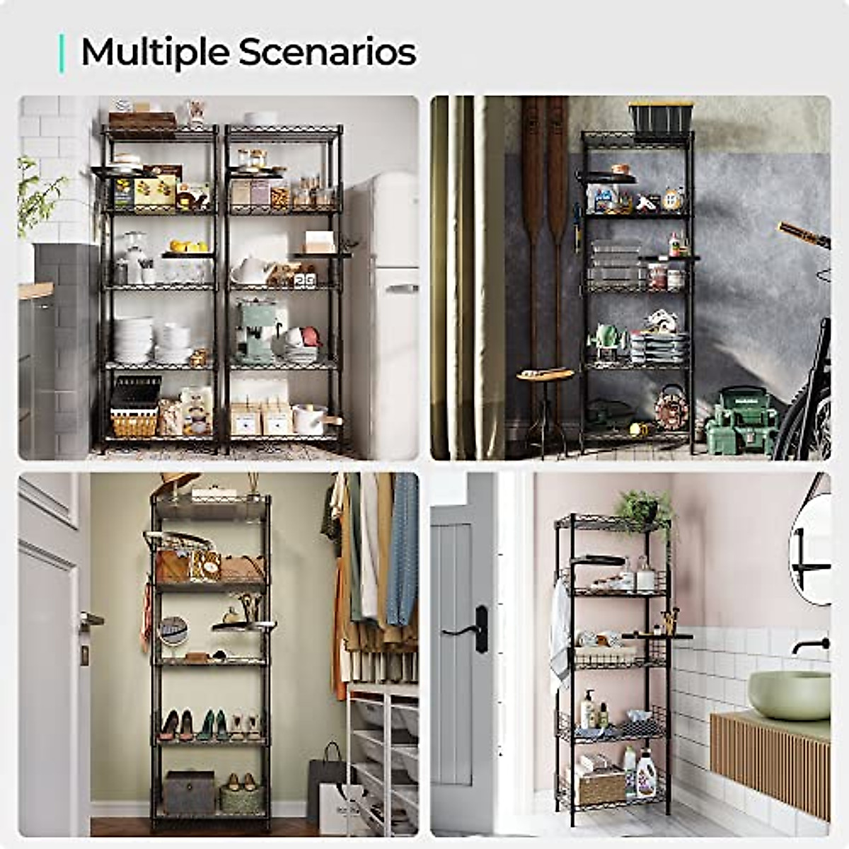 LINSY HOME 5-Tier Storage Shelves with 2 Rotatable Shelves, Height Adjustable Metal Pantry Shelves with 5 Hooks and Shelf Liners, Heavy Duty Metal Shelving, Wire Shelving for Kitchen, Bathroom -Dark