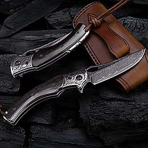 SPIRIT DEED 3.5in handmade japanese vg10 damascus steel blade folding pocket knife for men and women,leather sheath,ebony wood handle,liner lock,edc outdoor knives for camping