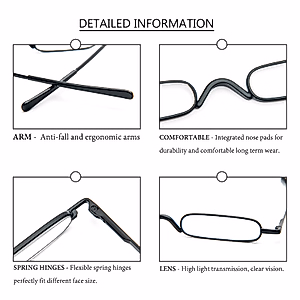 DXYXYO Slim Pocket Reading Glasses Men 2 Pack, Womens Compact Small Metal Readers with Portable Case, 2.0+ Black and Grey