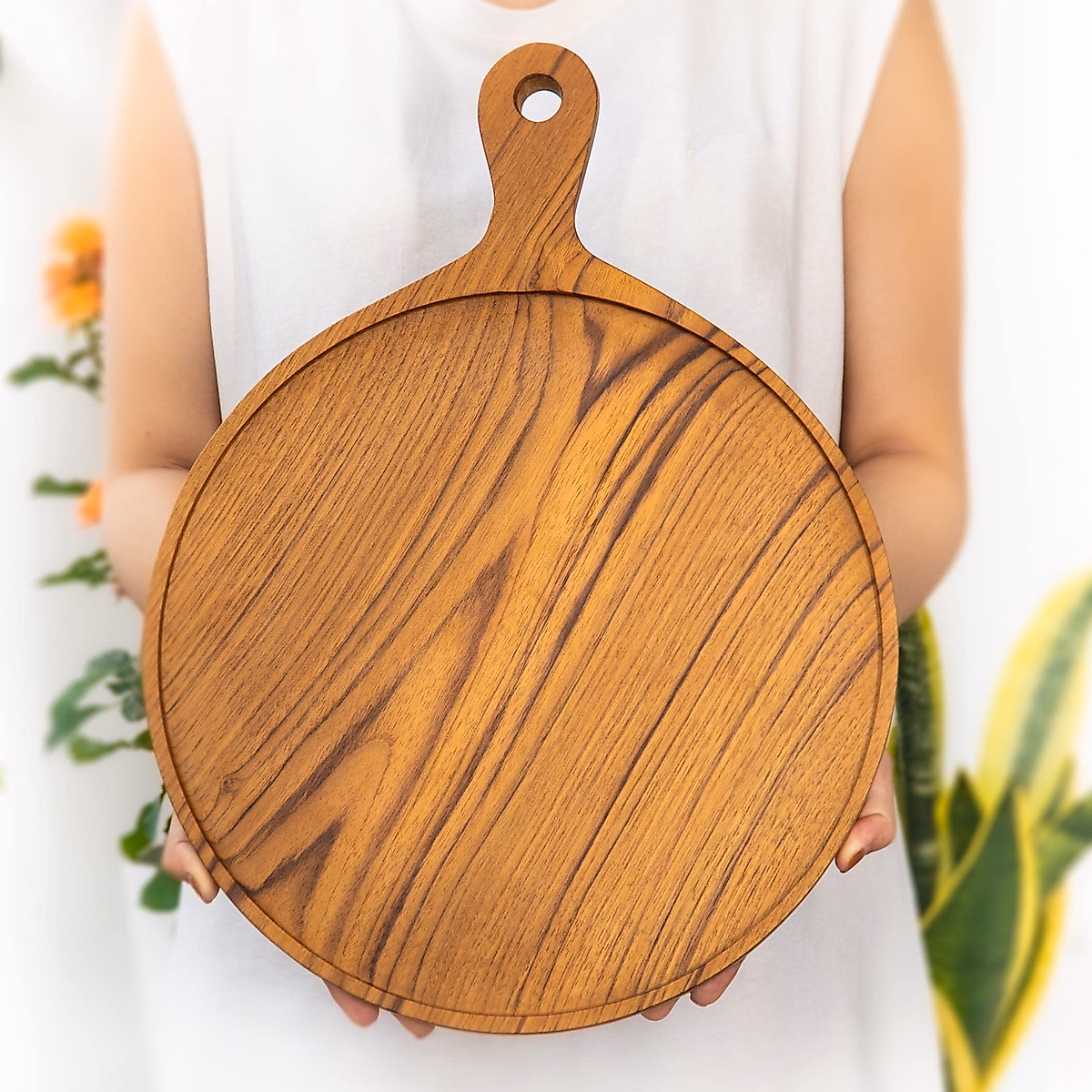 Rainforest Bowls 12" Javanese Teak Wood Pizza Board w/ Handle & Rim - Can Hold 12" Pizza, Ultra-Durable, Heavy Duty - Exclusive Luxury Custom Design Handcrafted by Indonesian Artisans