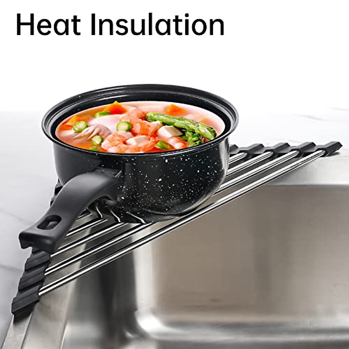 Tomorotec Triangle Roll-Up Dish Drying Rack for Sink Corner Small Foldable Stainless Steel Over The Sink Multipurpose Kitchen Drainer Caddy Trivet Rustproof Organizer Storage Space Saver Shelf (Black)