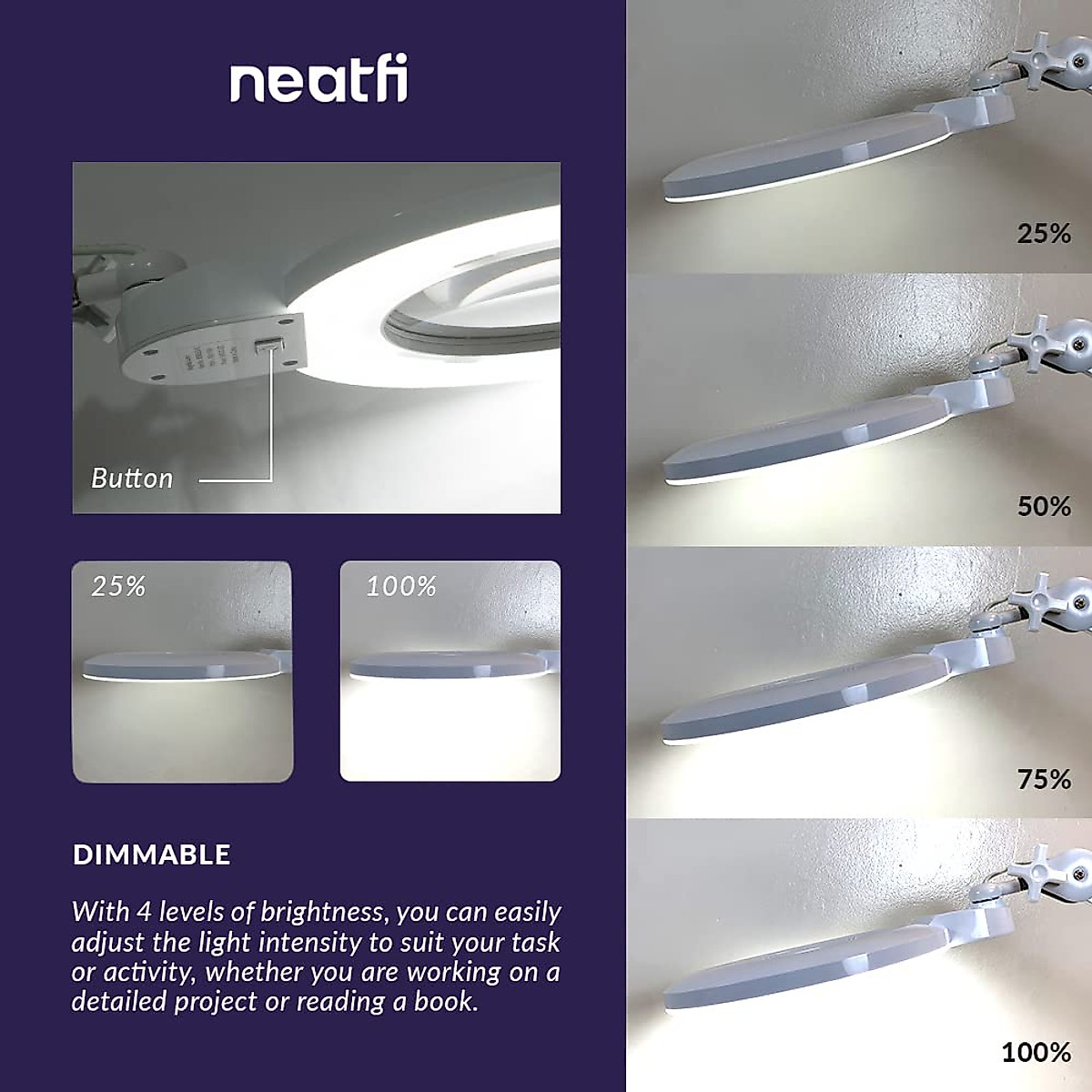 Neatfi XL Bifocal LED Magnifying Lamp, 7-Inch Acrylic Lens, 5D/20D Magnification, Hands-Free, Dimmable, 84 SMD LED, Adjustable Arm for Crafts, Reading, Close Work (with Clamp, White)