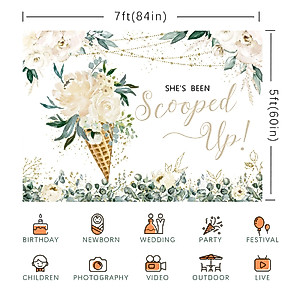 Rsuuinu Ice Cream Bridal Shower Backdrop She's Been Scooped Up White Flowers Green Leaves Photography Background Bridal Shower Party Decorations Cake Table Banner Supplies Photo Booth Props 7x5ft
