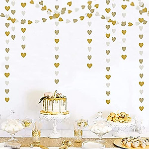 White-Gold Champagne Party-Decorations Heart Streamers Garland - 52Ft Christmas Wedding Engagement Hanging Paper Banner,Bachelorette Neutral Baby Bridal Shower Decor Banners Lasting Surprise