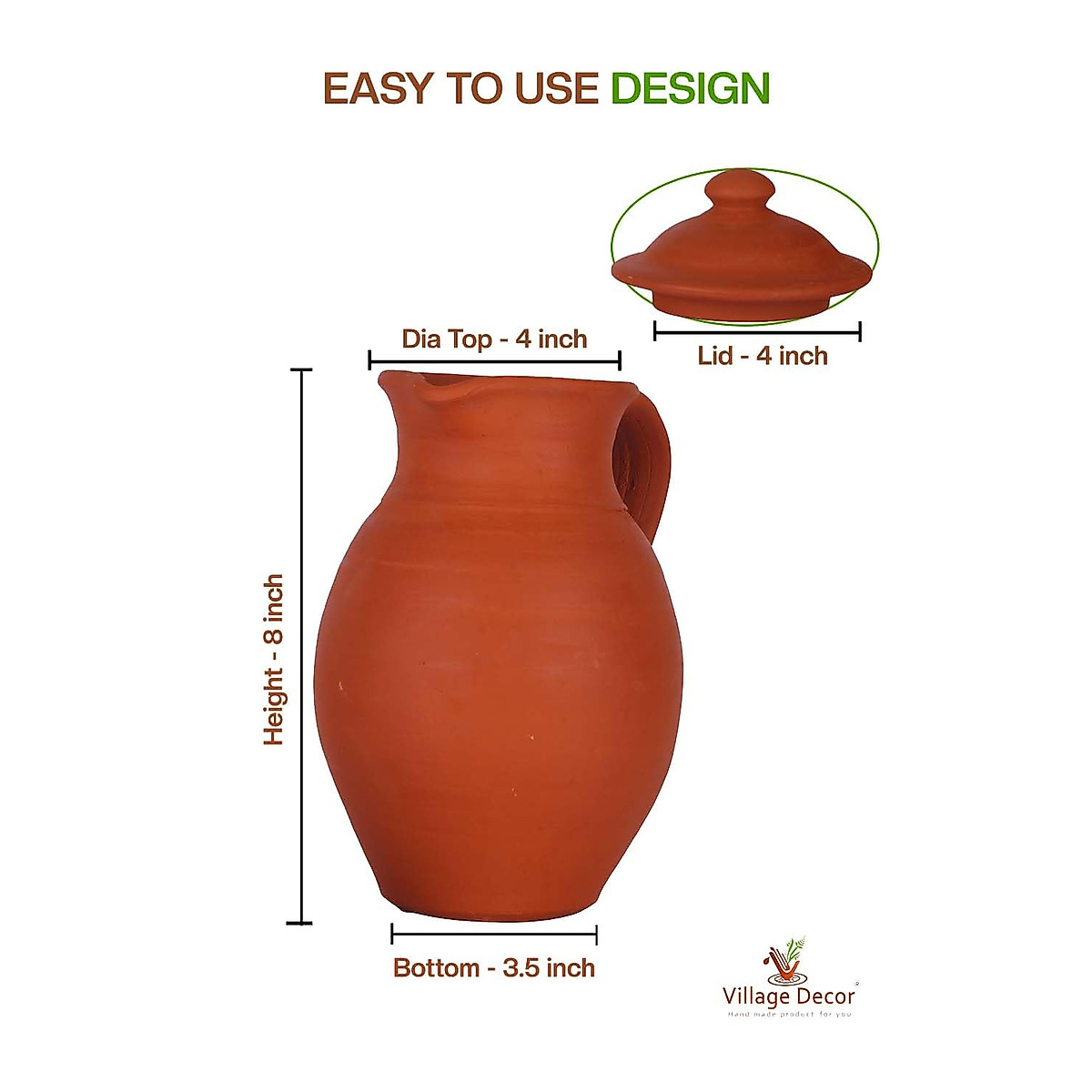 Village Decor Handmade Earthen Clay Water Jug with Lid | Carafes Pitcher | Capacity 51 oz 1500 ml