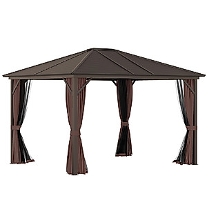 Outsunny 10' x 12' Hardtop Gazebo with Curtains and Netting, Permanent Pavilion Metal Single Roof Gazebo Canopy with Aluminum Frame and Hooks, for Garden, Patio, Backyard, Coffee Brown